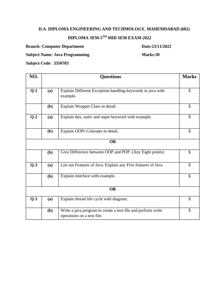 Java-Mid Question Paper | PDF