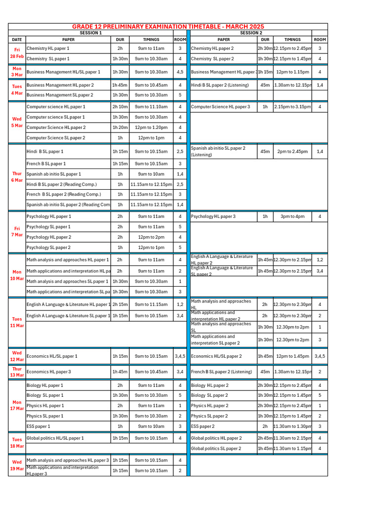 GR 12 Prelim Exams Schedule - March 2025 | PDF | Schools | Educational Stages
