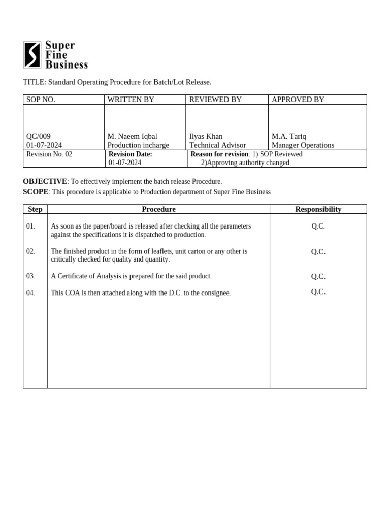 Batch Release SOP for Quality Control | PDF