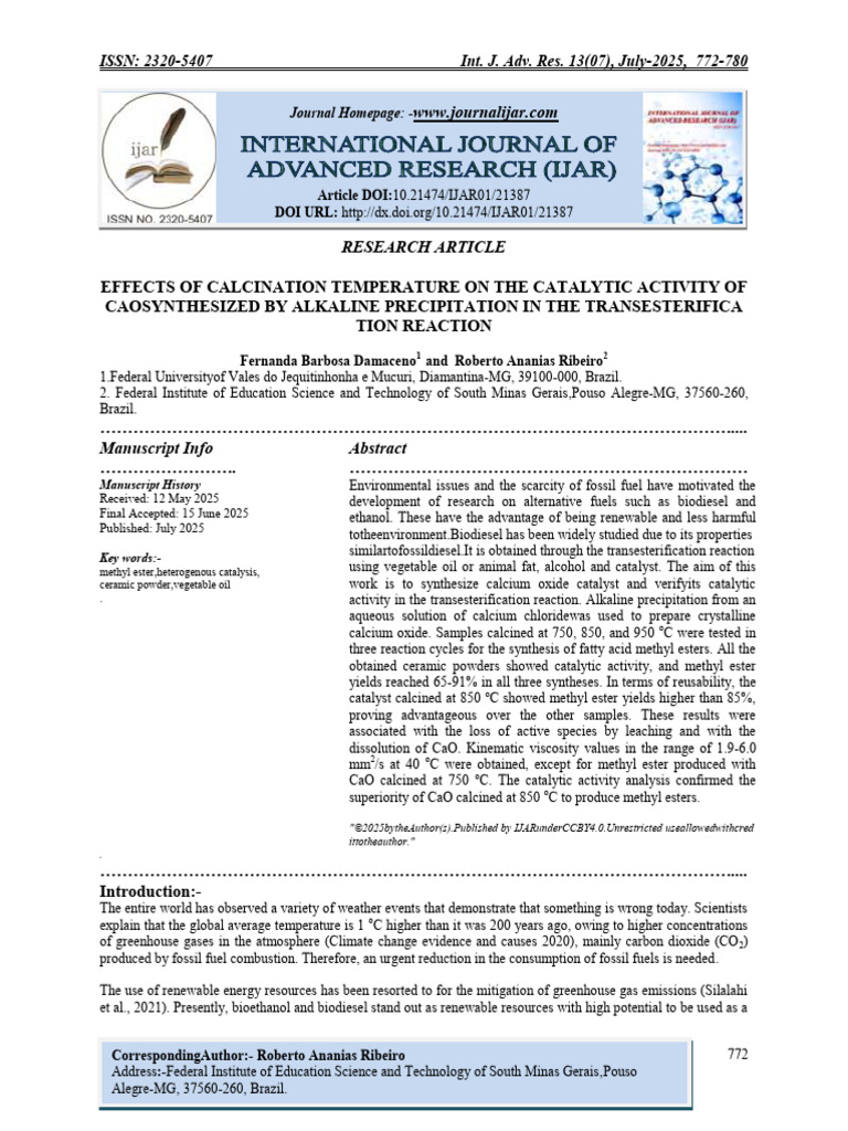 Effects of Calcination Temperature On The Catalytic Activity of Caosynthesized by Alkaline ...