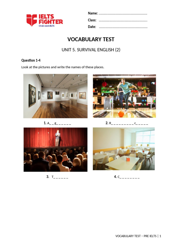 Vocab Test 13. Unit 5. Listening. Survival English | PDF