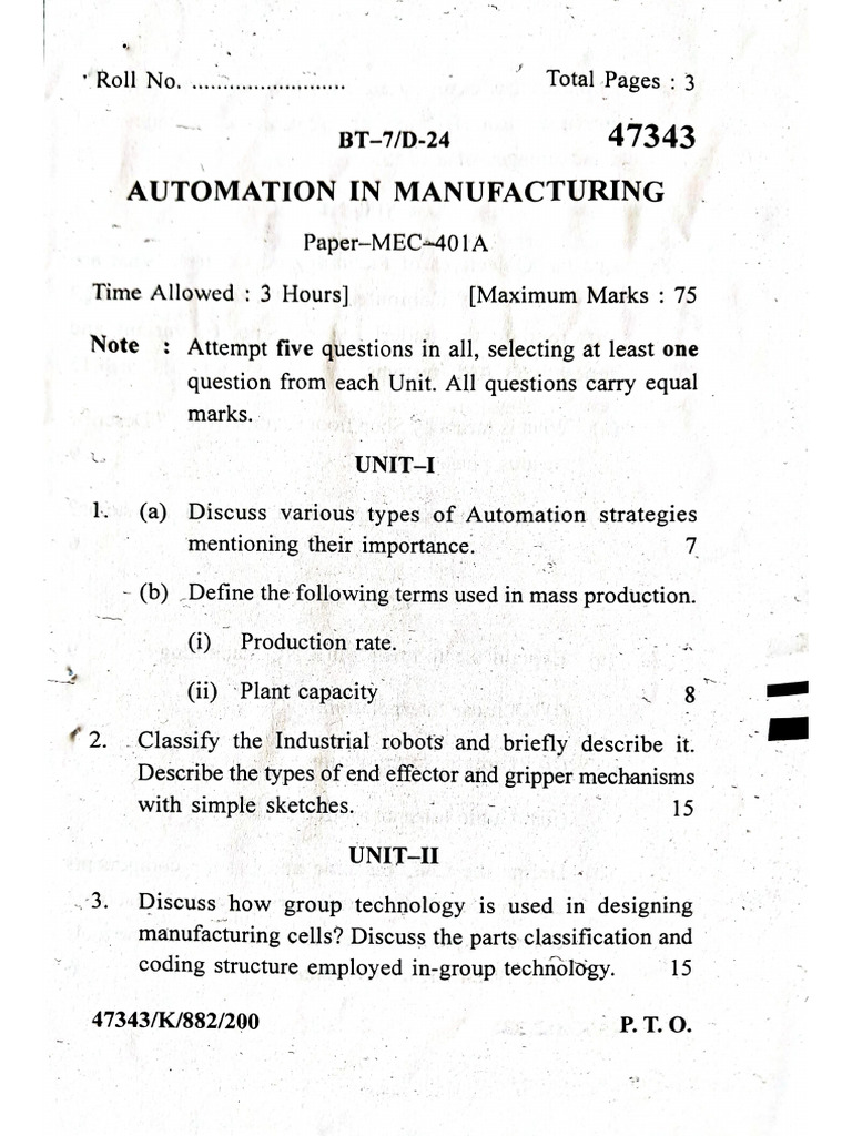 Automation in Manufacturing D-24 (Paper) MEC-401A | PDF