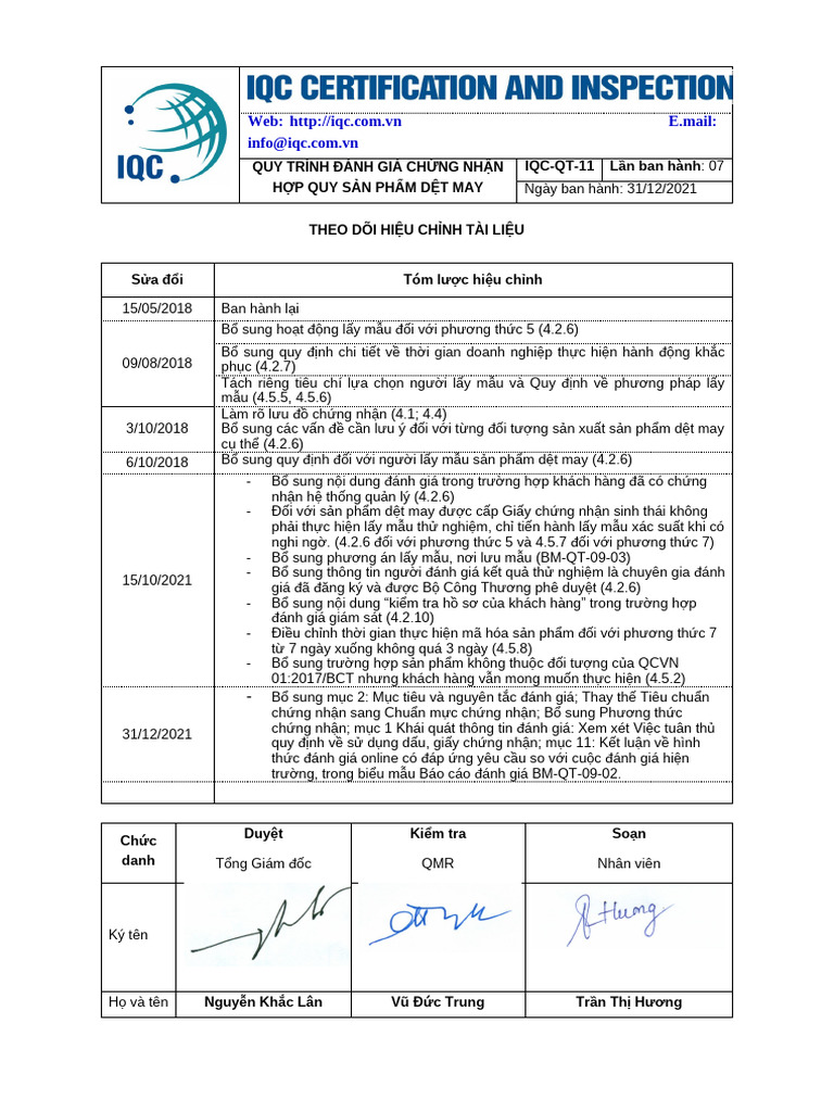 IQC QT 11 Quy Trinh Danh Gia Chung Nhan Hop Quy San Pham Det May | PDF