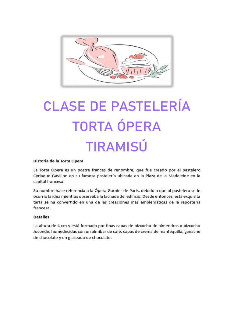 Clase 12 de Pastelería. Torta Ópera - Tiramisú Pistachos | PDF ...