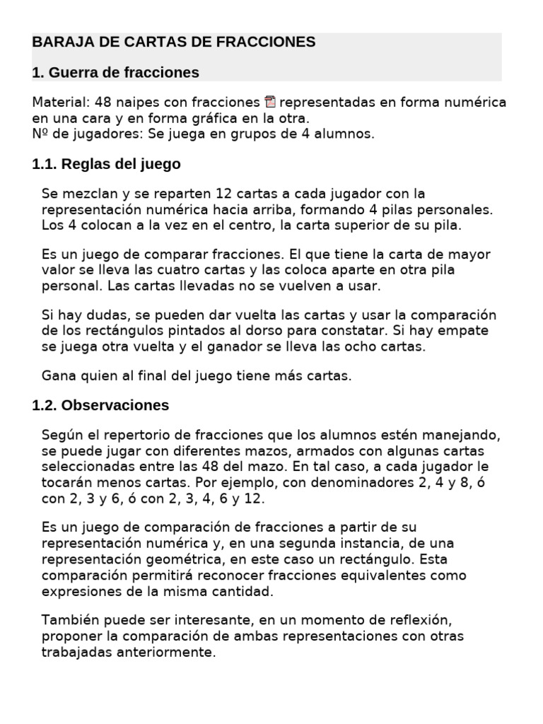 Juegos de Cartas para Aprender Fracciones | PDF