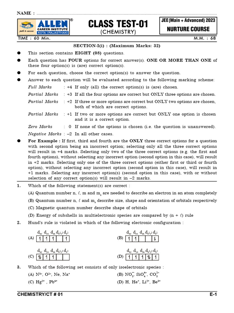 1. Class Test CHEMISTRY 01 16.12.21 SC (With Ans) | PDF | Atomic ...