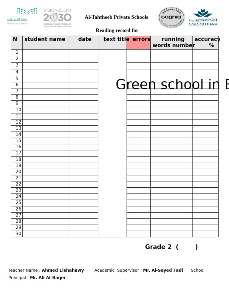 Reading Record Form Grade 2 | PDF
