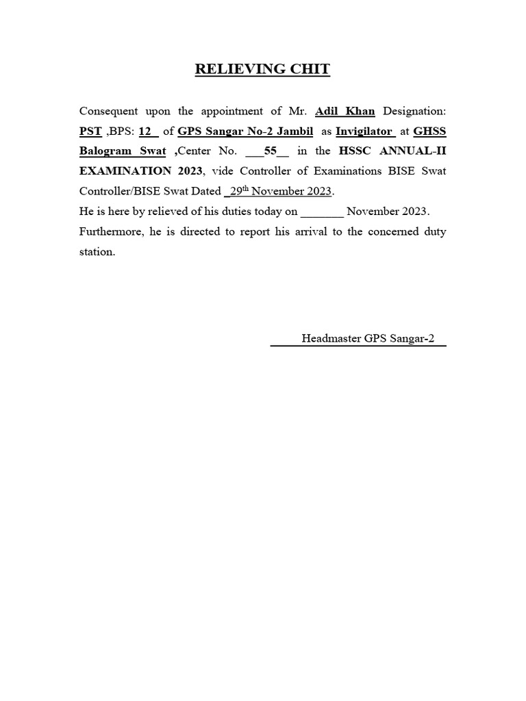 Relieving Chit for Exam Invigilator | PDF