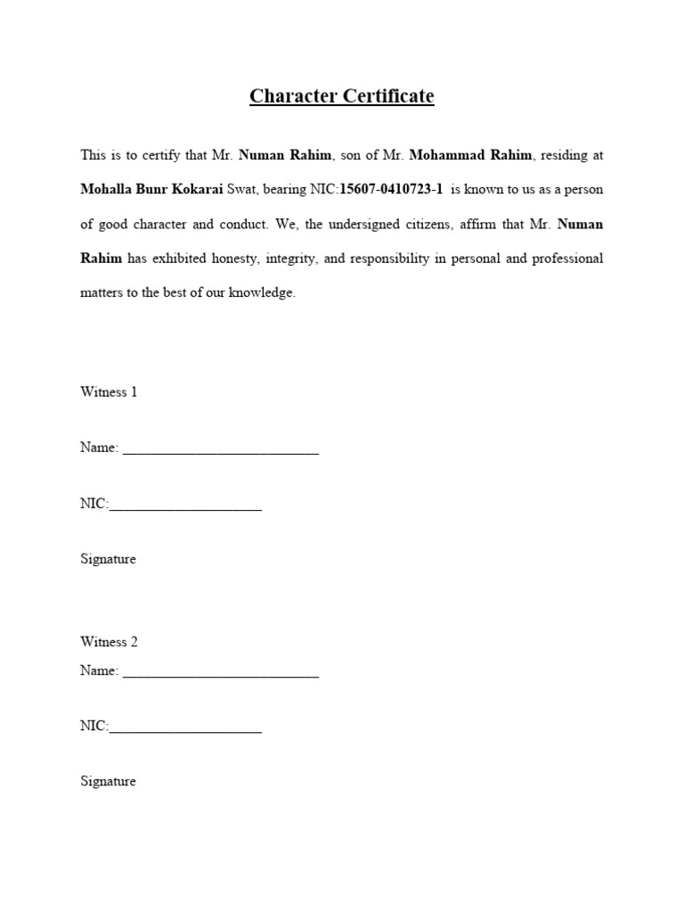 Character Certificate | PDF