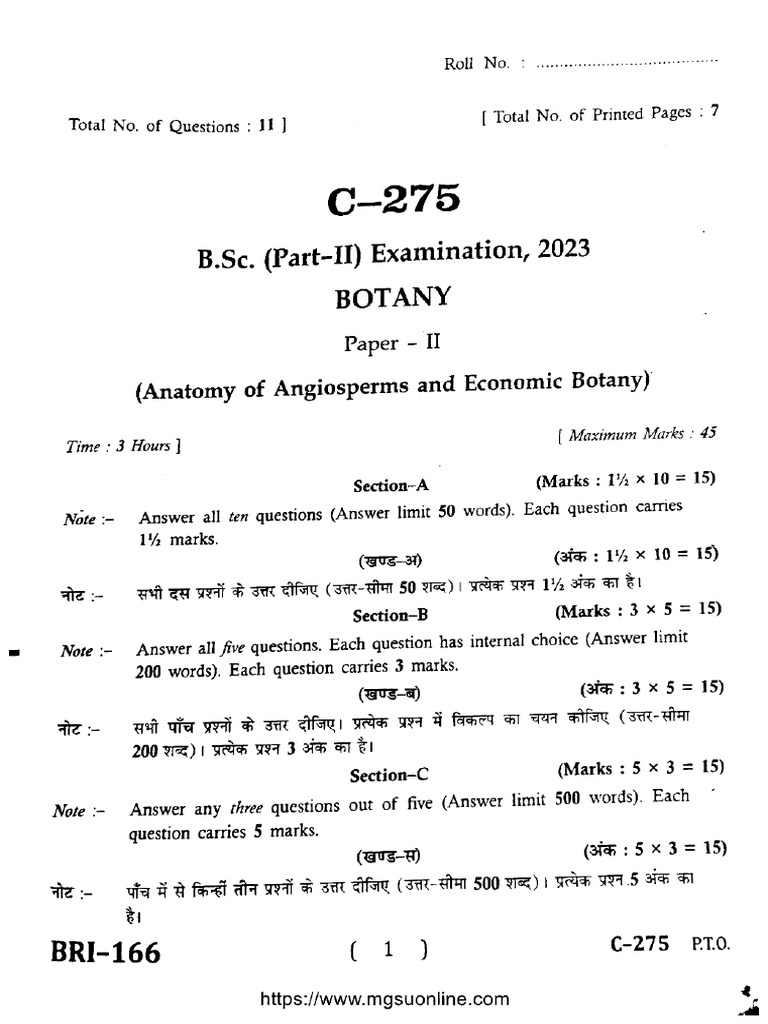 BSC Part 2 Botany Anatomy of Angiosperms and Economic Botany C 275 2023 | PDF