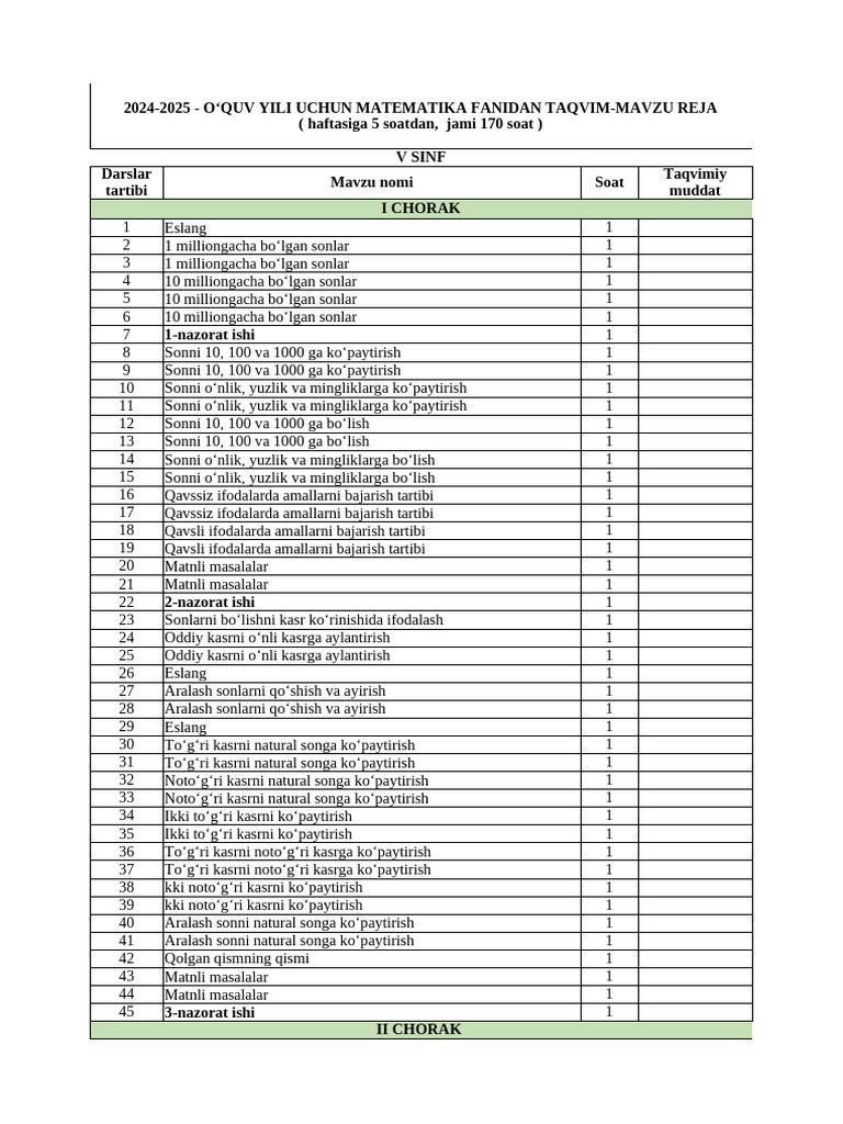 5-Sinf Matematika Yillik 2025-2026 @E - Baza - Ishreja | PDF