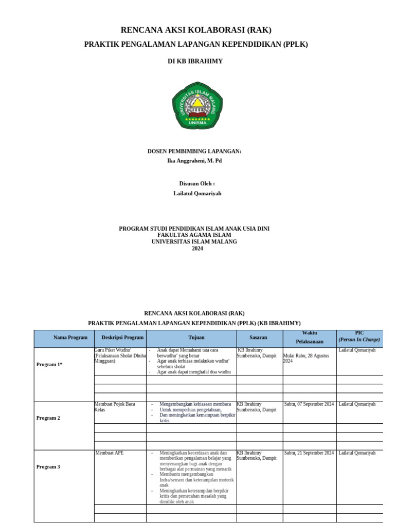 New Rencana Aksi Kolaborasi PPL KB Ibrahimy | PDF