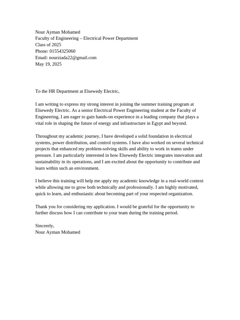 Nour Ayman Cover Letter | PDF