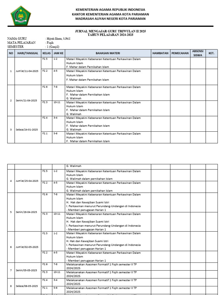 Lampiran 2 Jurnal Agenda Fiqih TW II | PDF