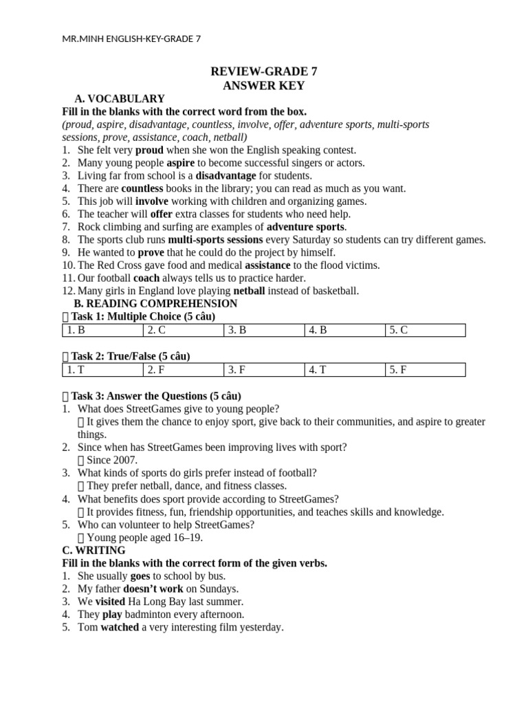 Grade 7 English Review Answer Key | PDF