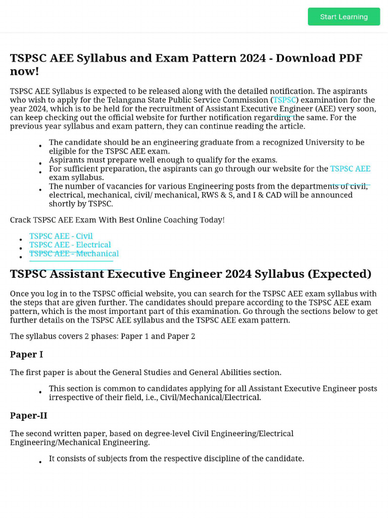 TSPSC AEE Syllabus and Exam Pattern 2024 - Download PDF Now! | PDF