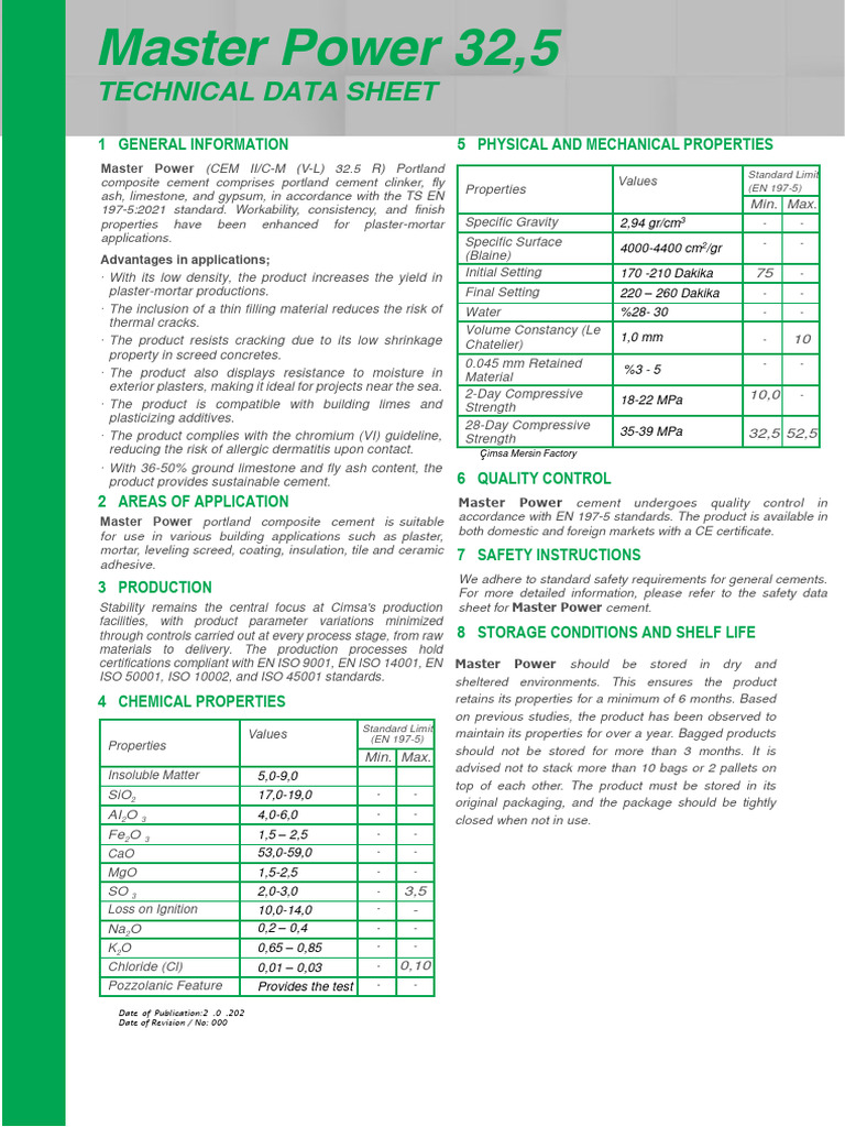 Master Power 32,5 Portland Composite Cement TDS en | PDF | Cement ...