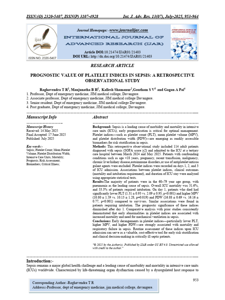 Prognostic Value of Platelet Indices in Sepsis | PDF | Sepsis ...
