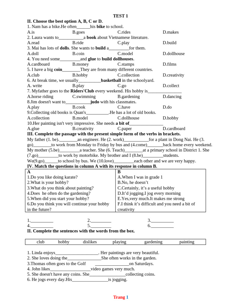 Hobbies and Activities Test Questions | PDF