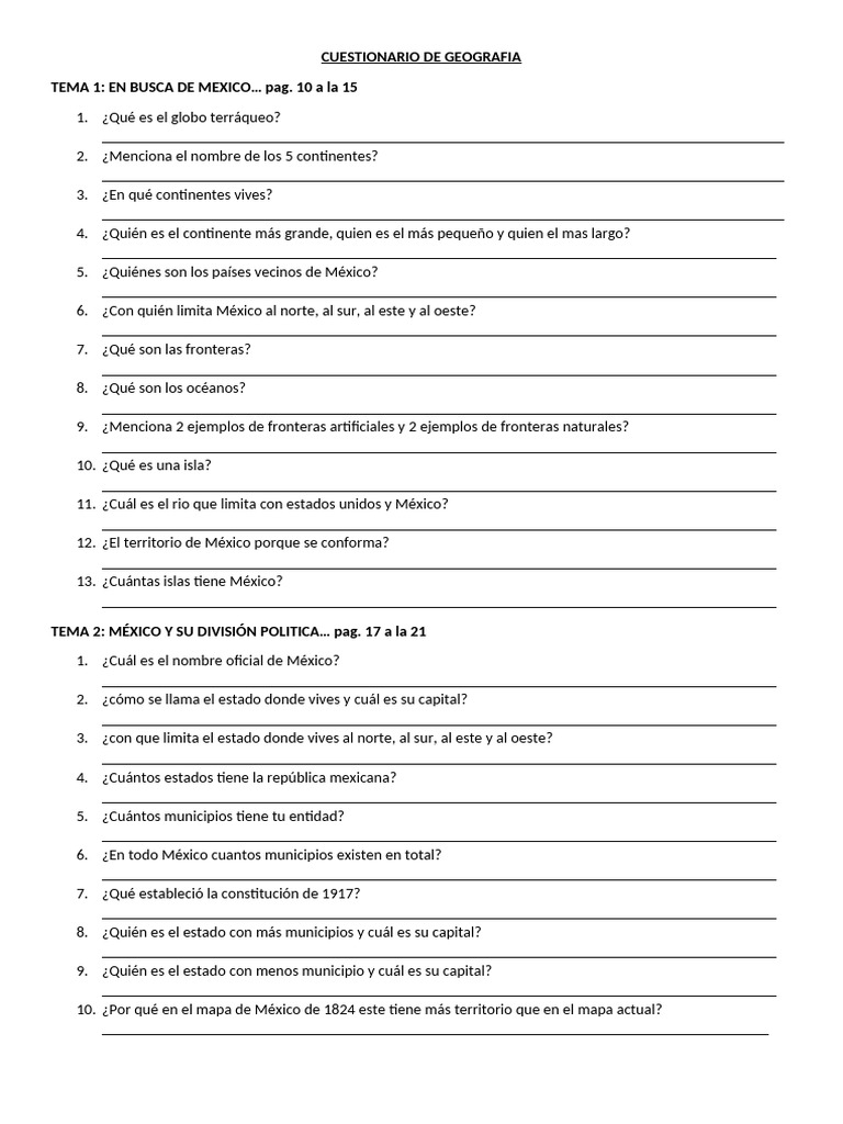 CUESTIONARIO DE GEOGRAFIA Tema 1 y 2 | PDF | México | Américas