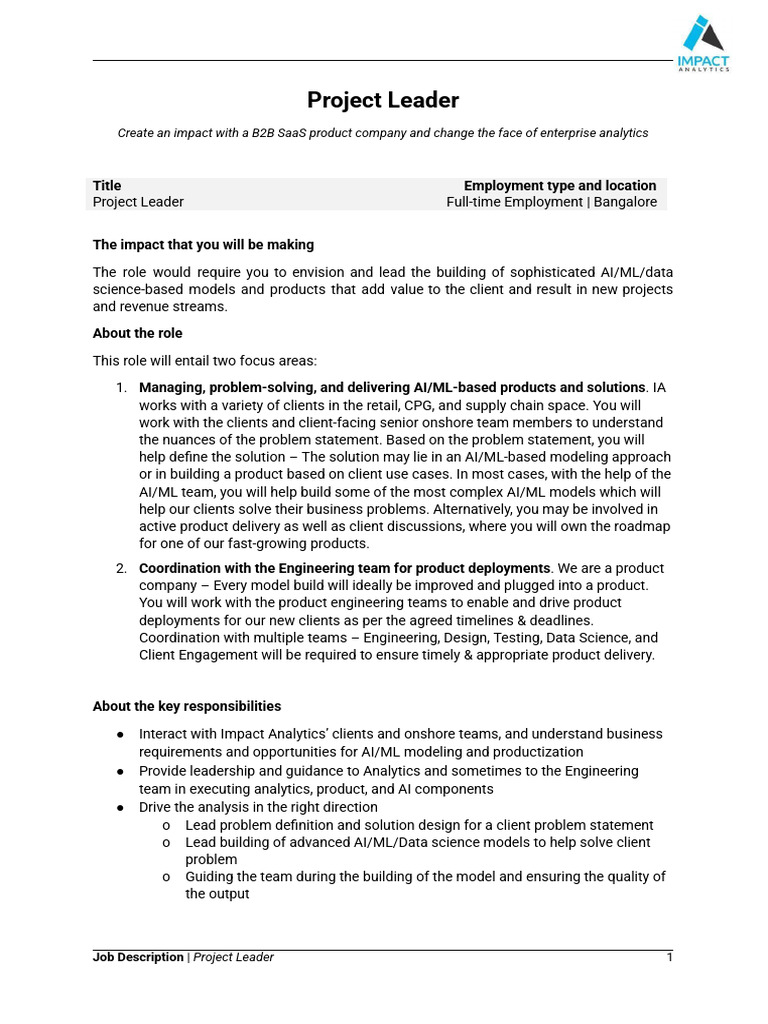 Impact Analytics - JD - Project Leader | PDF | Analytics | Artificial ...