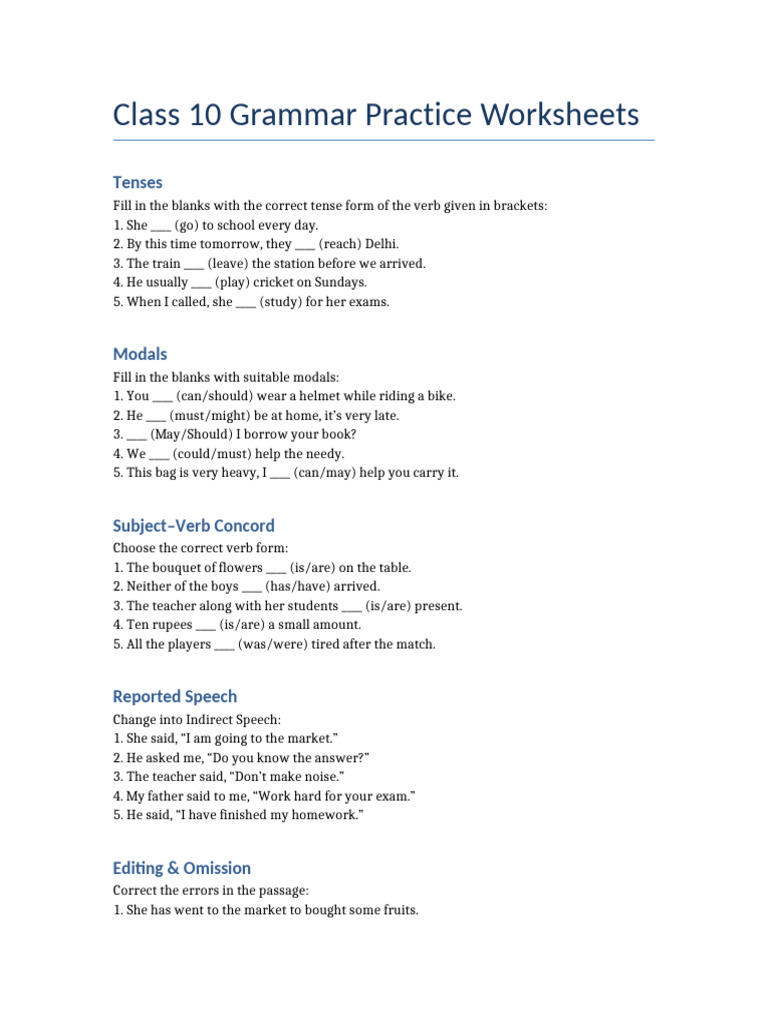 Class 10 Grammar Practice Worksheets | PDF