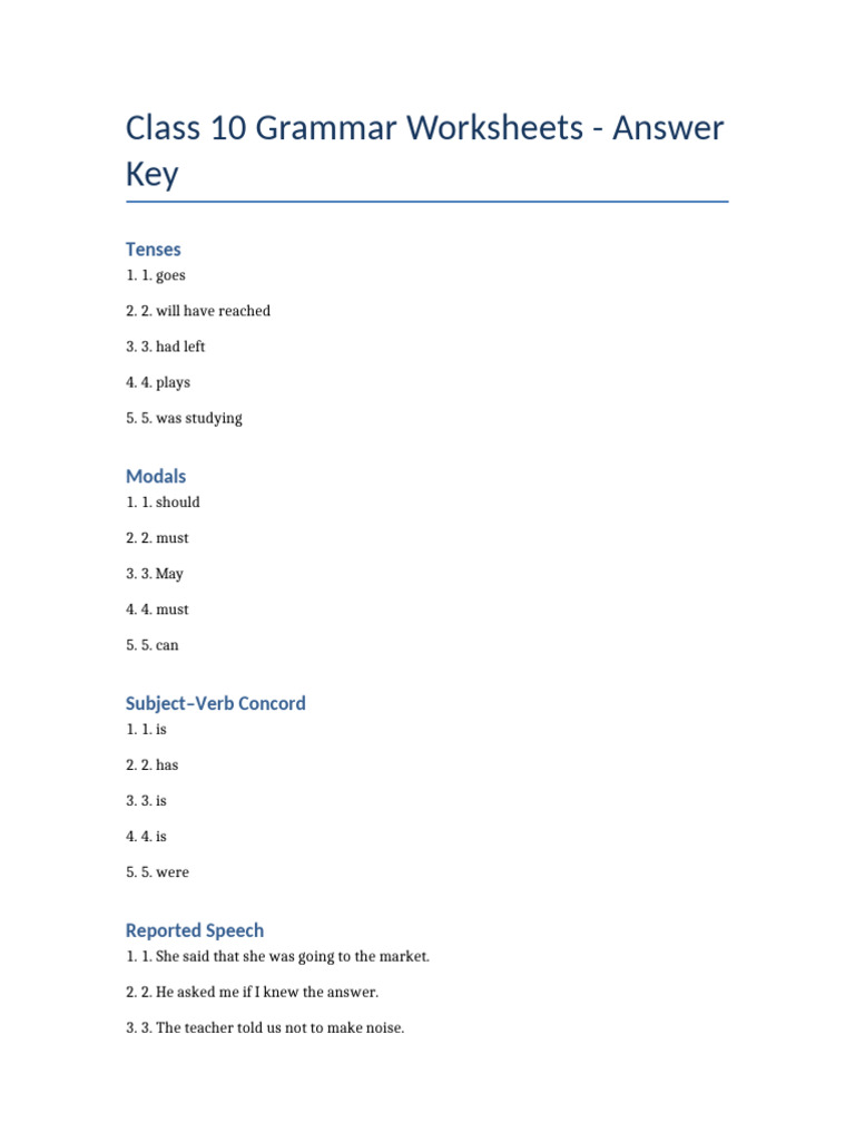Class10 Grammar Worksheets AnswerKey | PDF