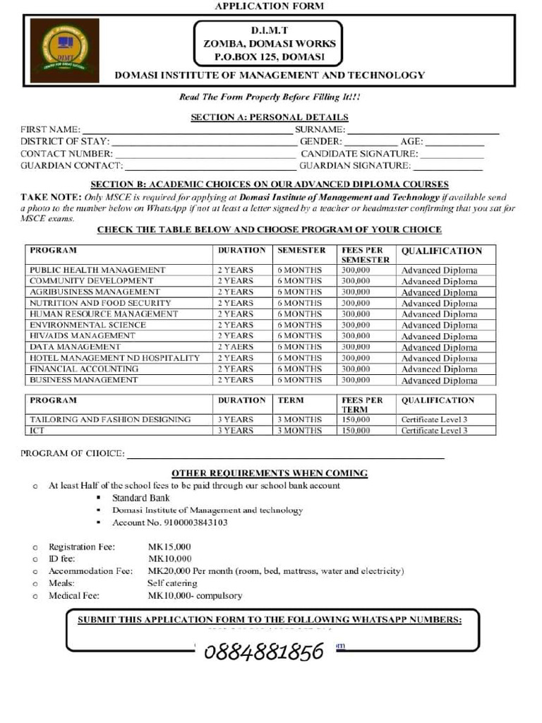 DIMT OCTOBER 2025 Application Form | PDF