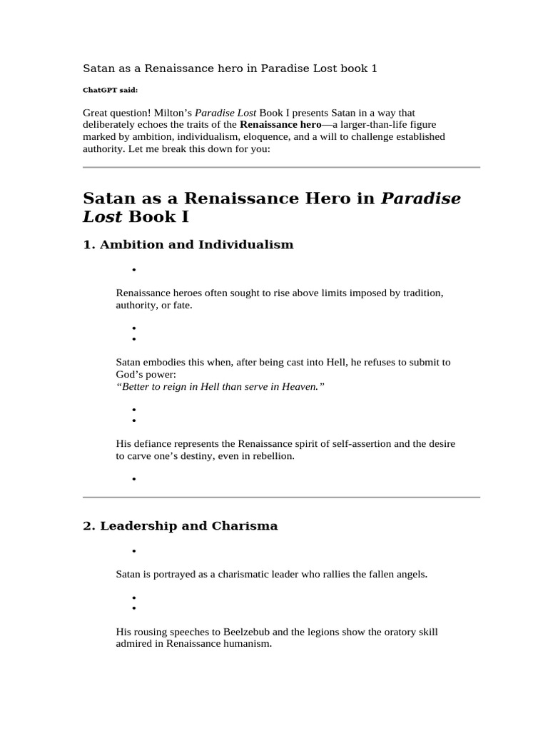 Satan As A Renaissance Hero in Paradise Lost Book | PDF | Paradise Lost ...
