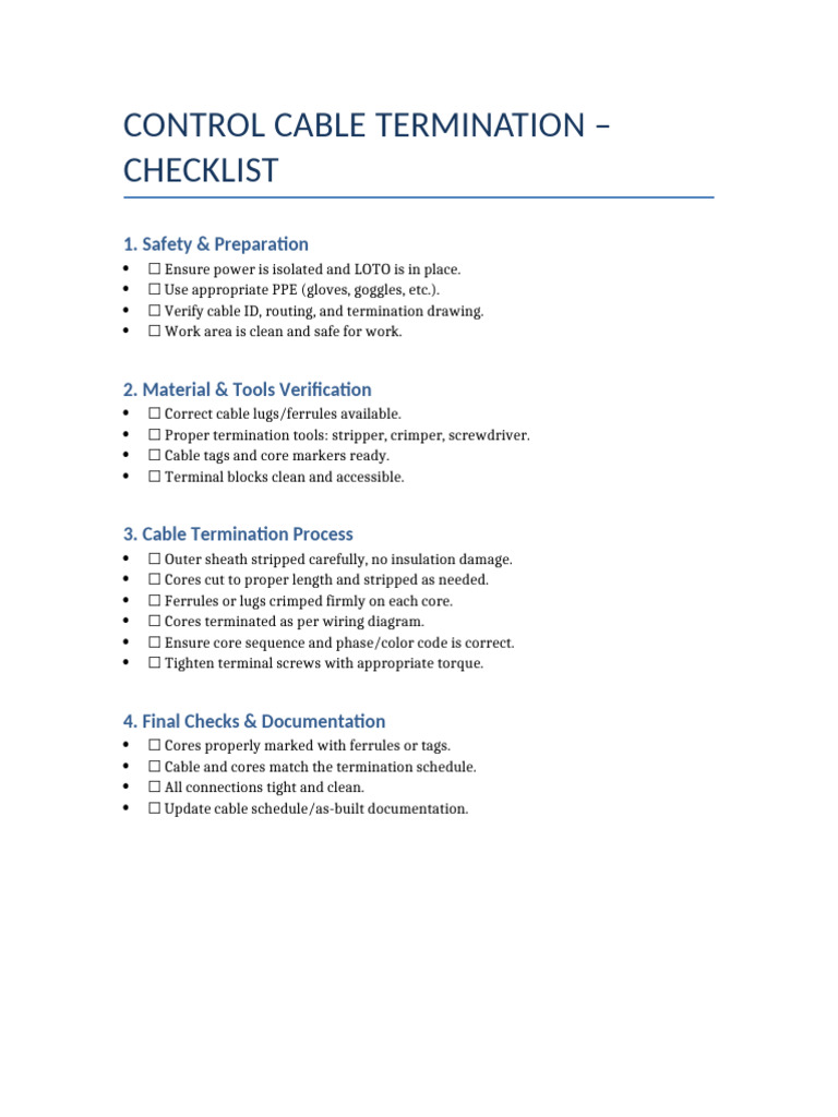 Control Cable Termination Checklist | PDF