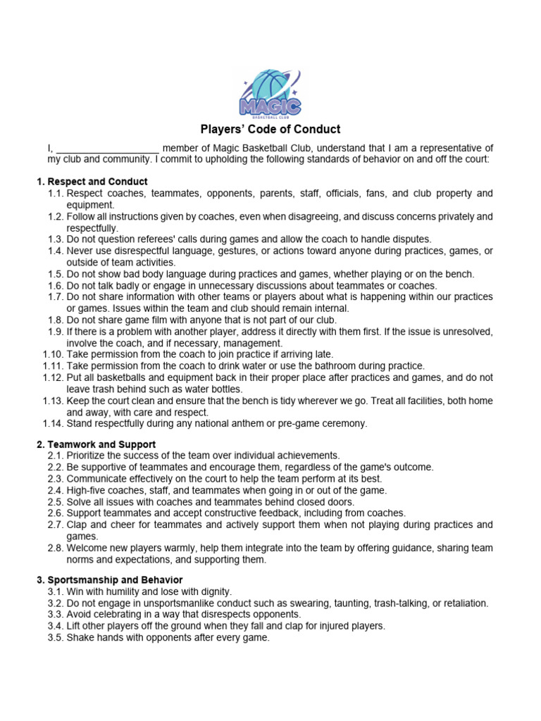 Magic Basketball Club Code of Conduct | PDF