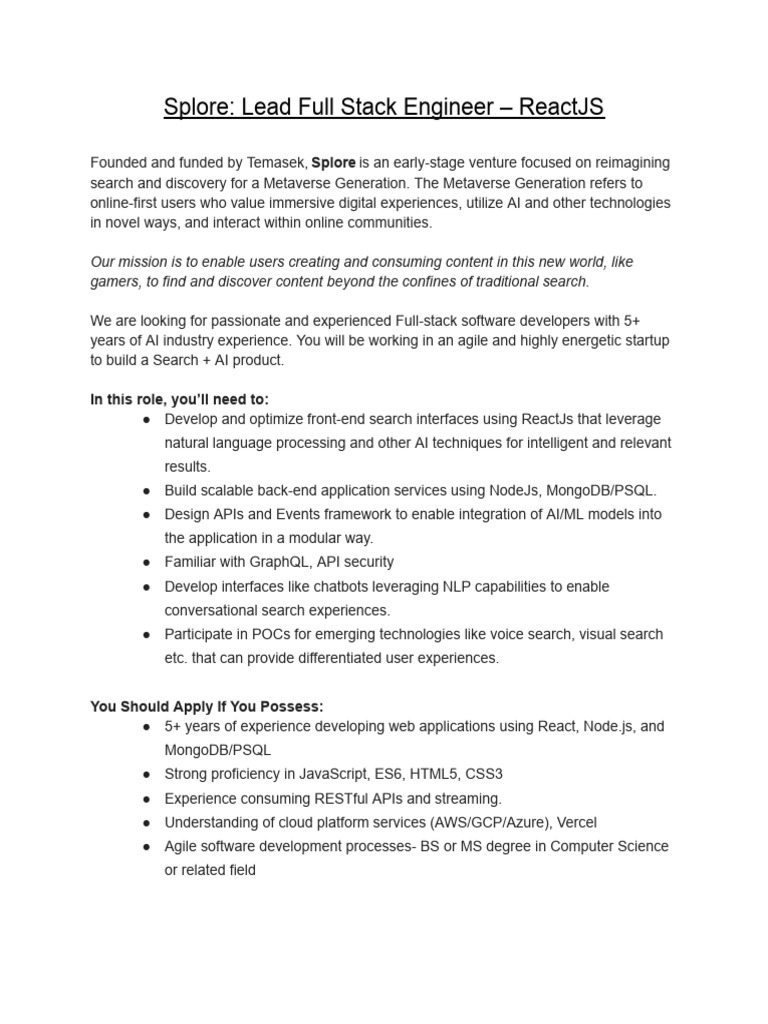Splore - Lead Full Stack Engineer - ReactJS | PDF