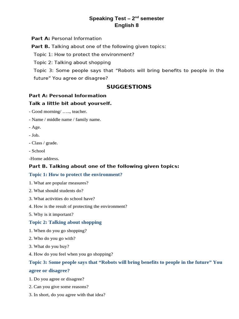 English 8 Speaking Test Topics Guide | PDF