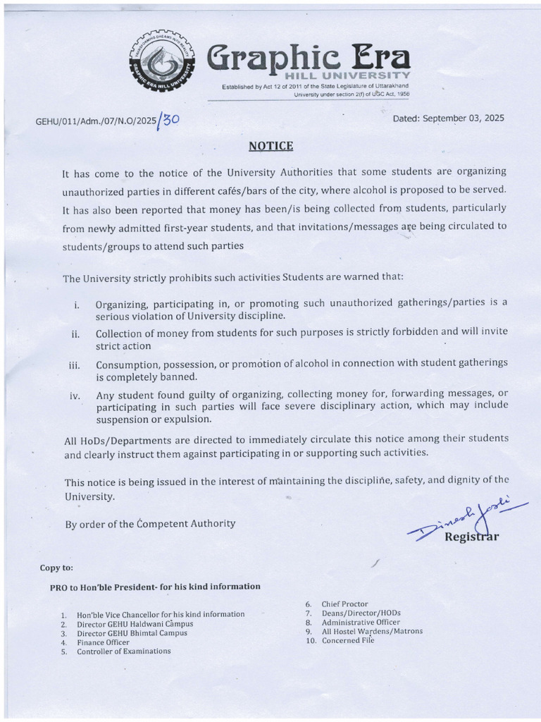 Notice No 30 Regarding Advisory On Unauthorized Parties by Students | PDF