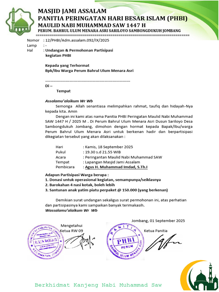 Surat Undangan Dan Permohonan Phbi Maulid Nabi 1447 | PDF