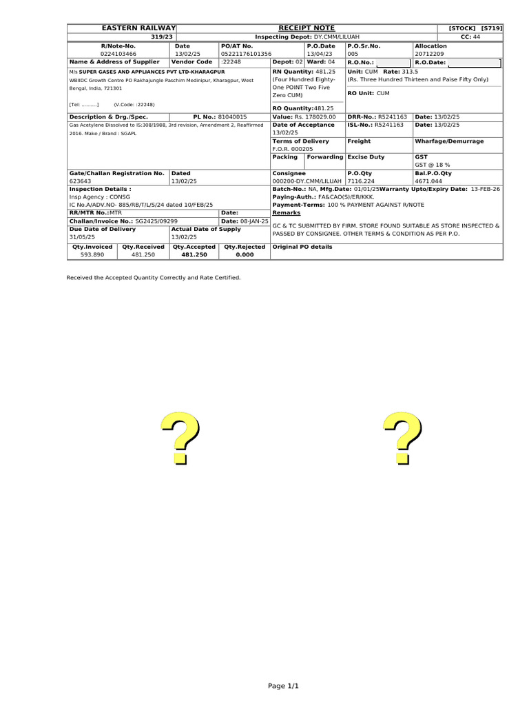 Super Gases and Appliances PVT LTD Receipt Note Eastern Railway PDF | PDF