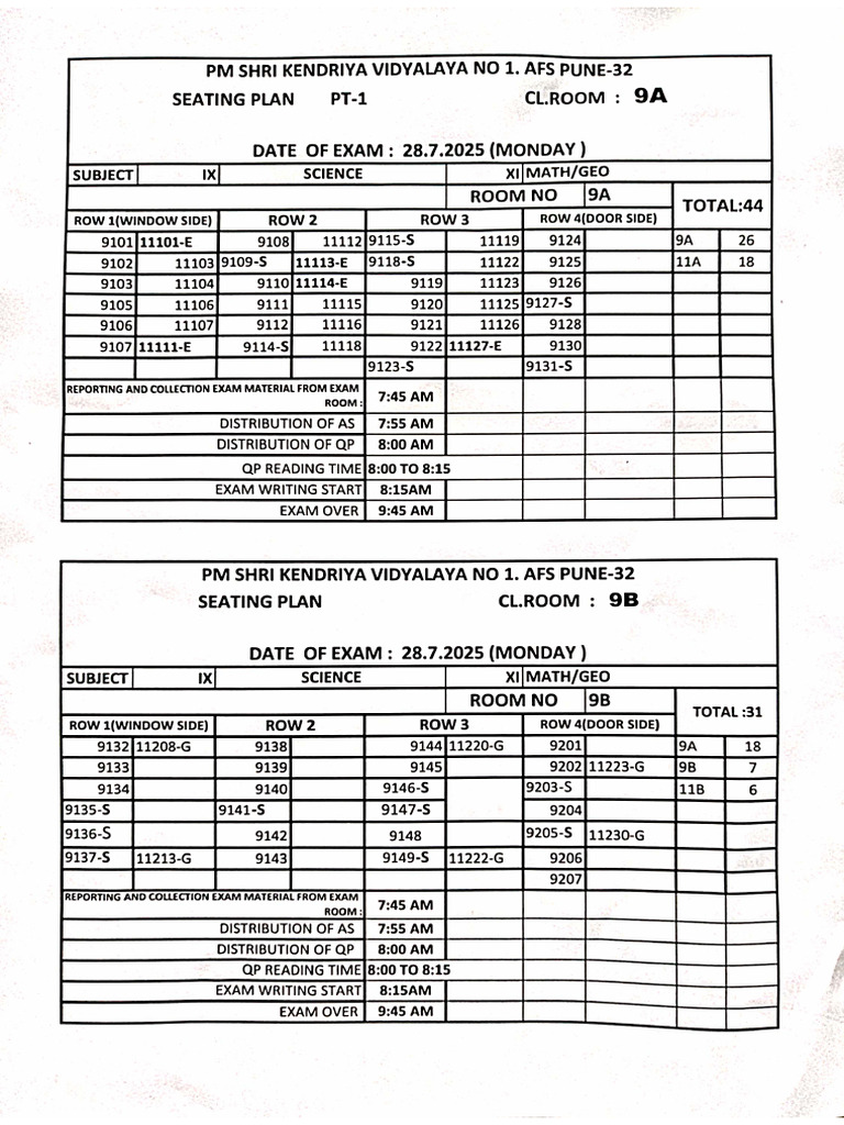 Seating Plan of PT1 - Class 9th & 11th - 28.7.2025 | PDF