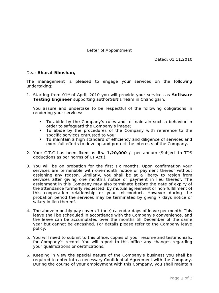 Software Testing Engineer Appointment Letter | PDF | Employment | Legal ...