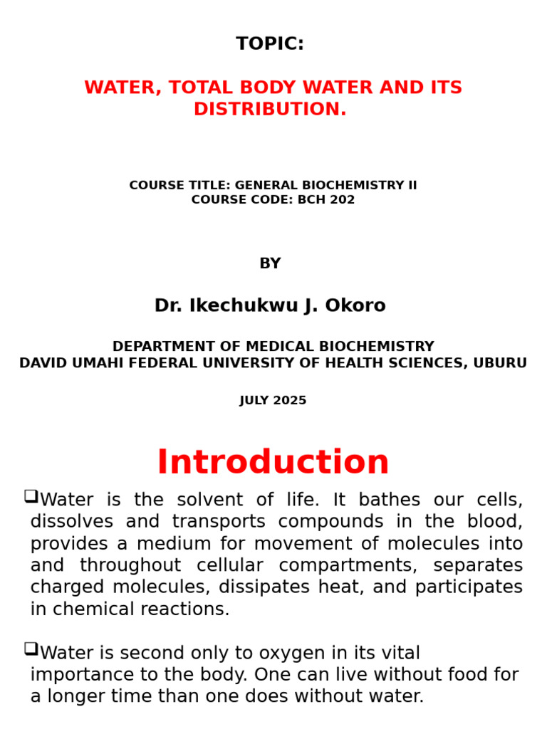 Power point on Water, Total Body water and distributtion (BCH 202 ...