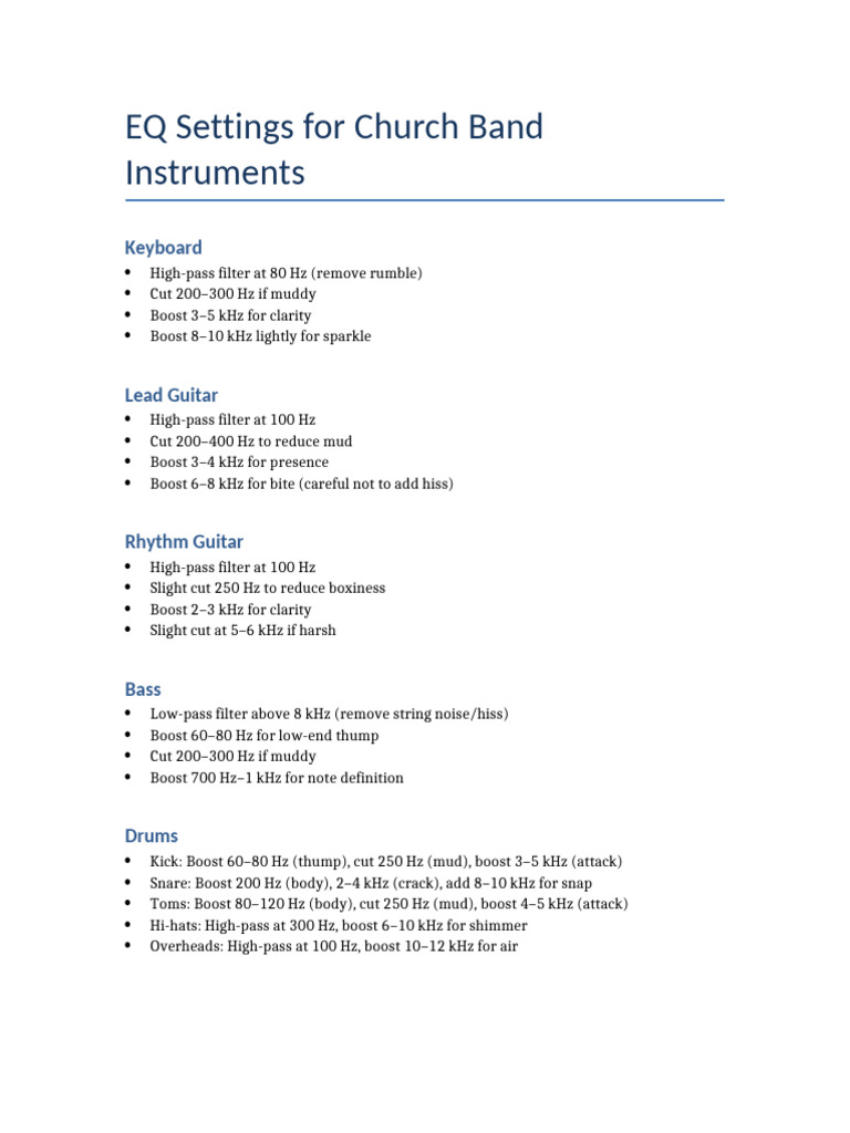 Church Band EQ Settings | PDF