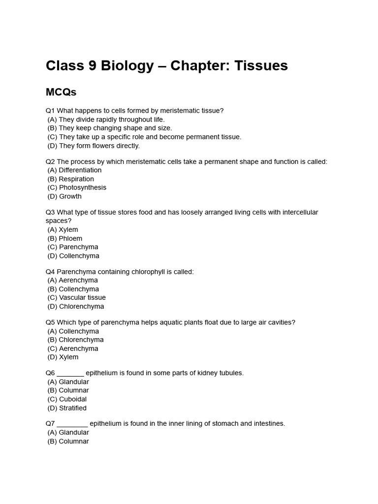 Class 9 Biology - Chapter Tissues | PDF | Epithelium | Tissue (Biology)