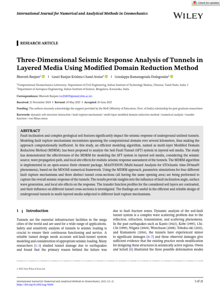 Num Anal Meth Geomechanics - 2025 - Banjare - Three Dimensional Seismic Response Analysis of ...