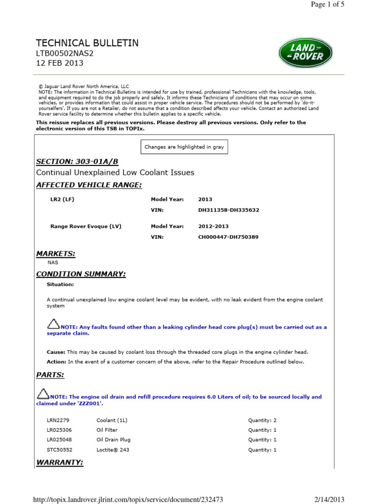 Range Rover Bulletin Info LR2 | PDF | Leak | Coolant