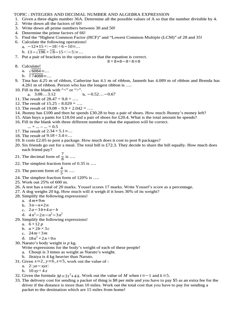 Integer and Decimal Math Problems | PDF | Numbers | Algebra