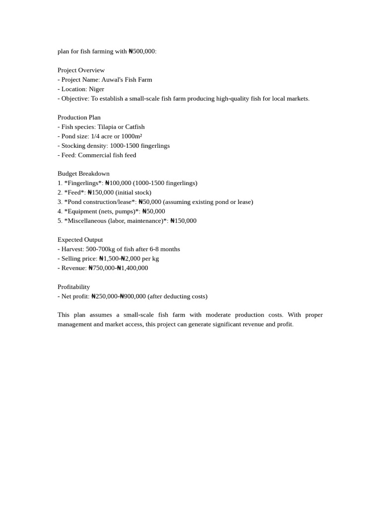 Fish Farming Plan: Auwal's Project | PDF