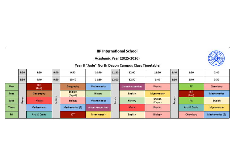 Year 8 Jade Class Timetable 2025-2026 | PDF