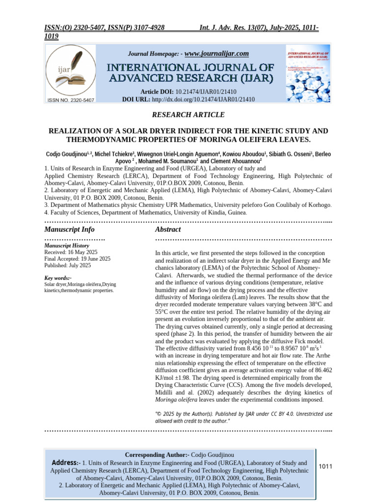REALIZATION OF A SOLAR DRYER INDIRECT FOR THE KINETIC STUDY AND THERMODYNAMIC PROPERTIES OF ...