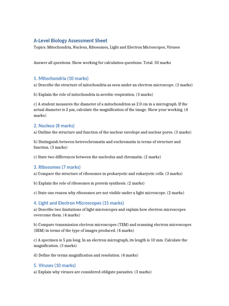A-Level Biology Assessment: Cell Structures | PDF