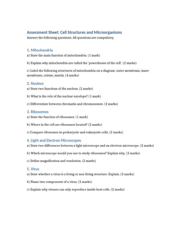 Assessment Sheet Cell Structures | PDF