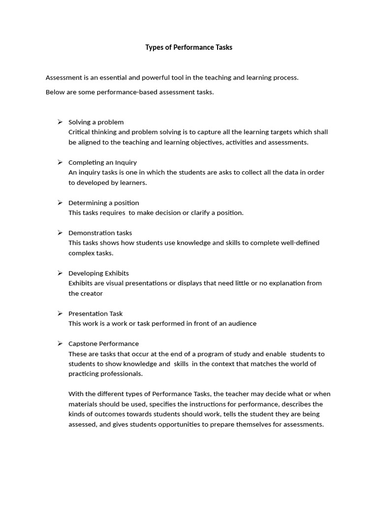 Types of Performance Tasks | PDF